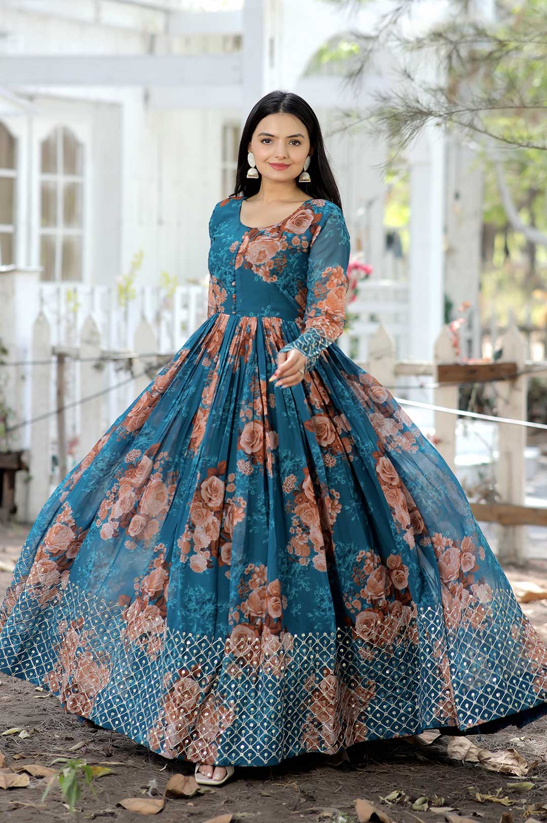 Royal Bloom – Rama Blue Floral Embroidered Gown - Lotus Lehenga Choli