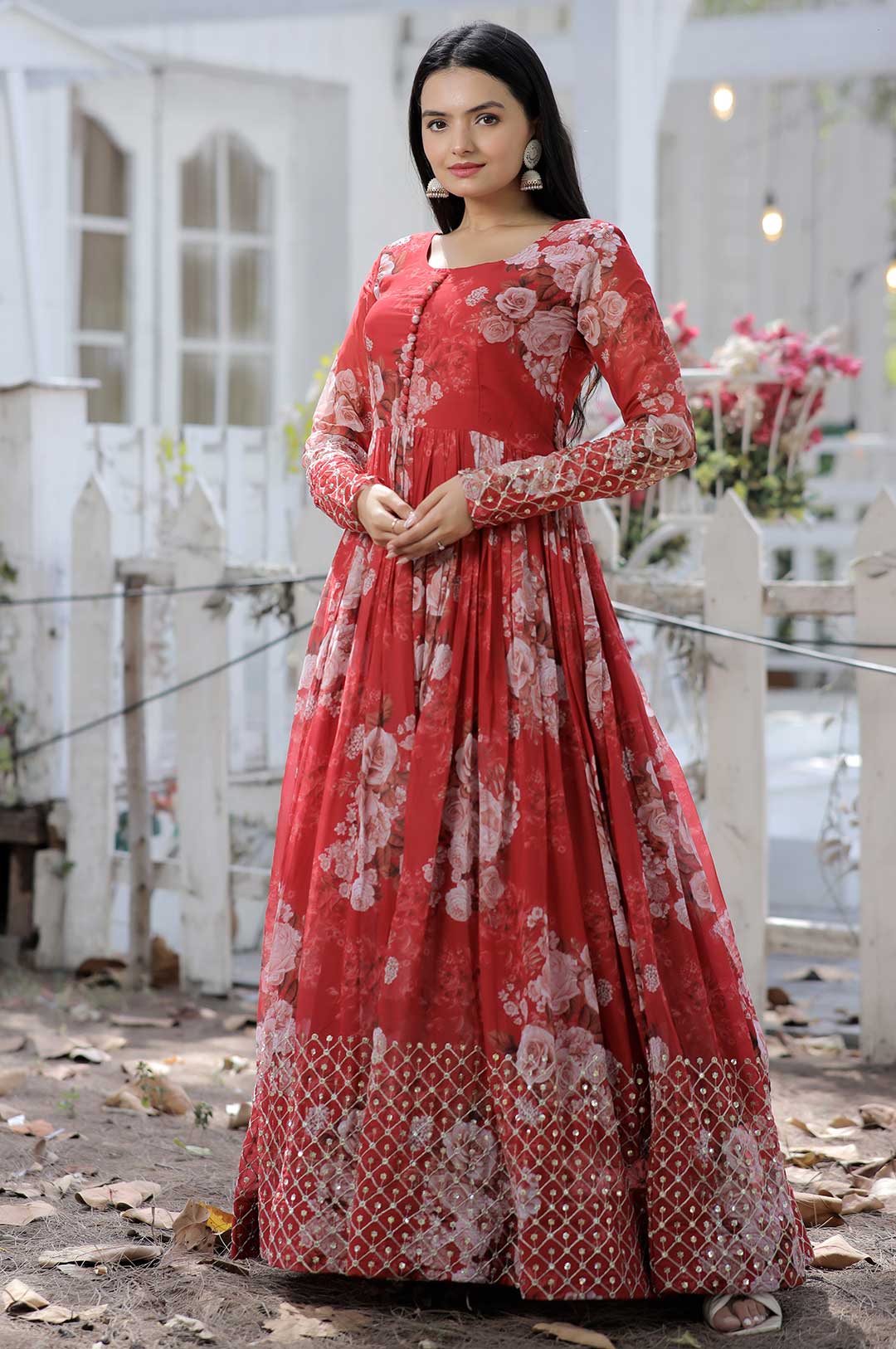 Scarlet Blossom – Red Floral Embroidered Gown - Lotus Lehenga Choli